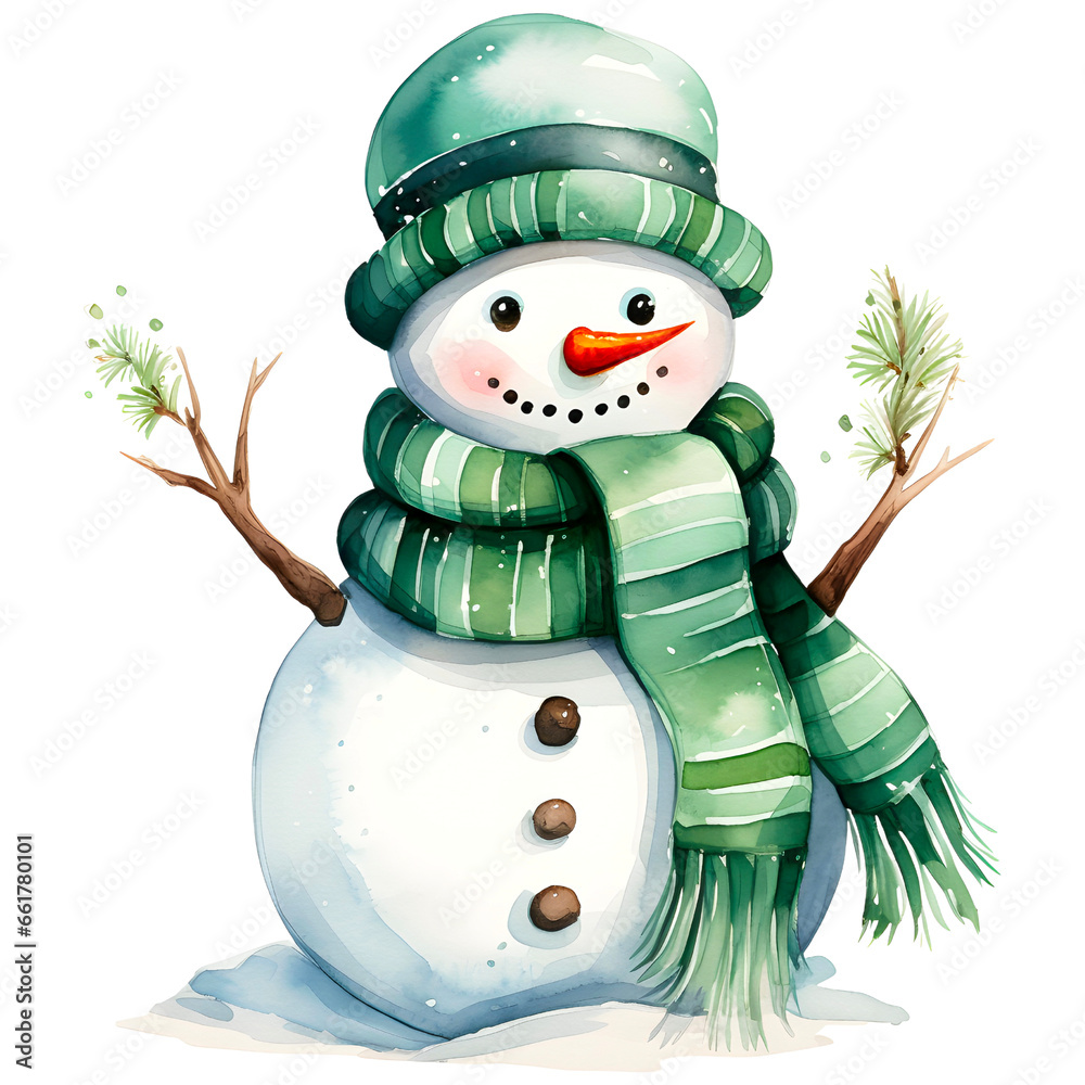 Cute green snowman watercolor design with transparent background, PNG ...