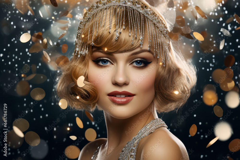 Foto De Elegant Blonde Flapper Woman In 1920s Attire Posing With A