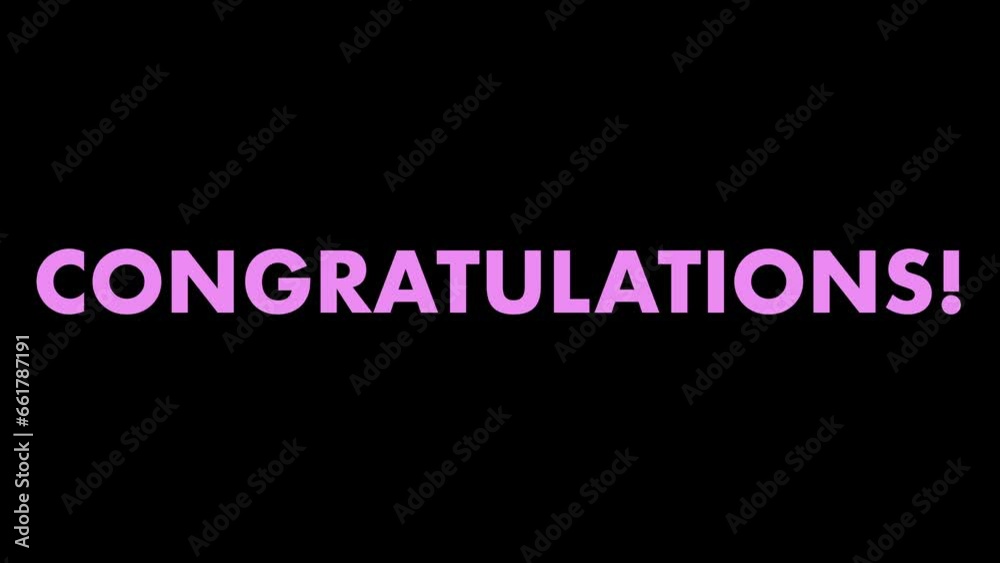 Animation of pink „congratulations!" lettering in front of black ...