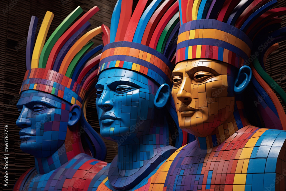 An abstract depiction of Assyrian kings and queens, with bold lines and ...