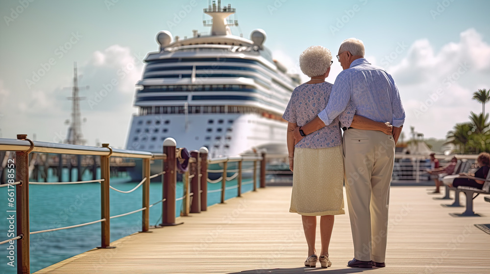 Active seniors taking at vacation with cruise ship on background ...