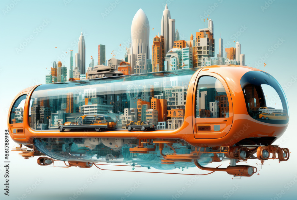 Modern metro rail system in a futuristic city, featuring dark orange ...