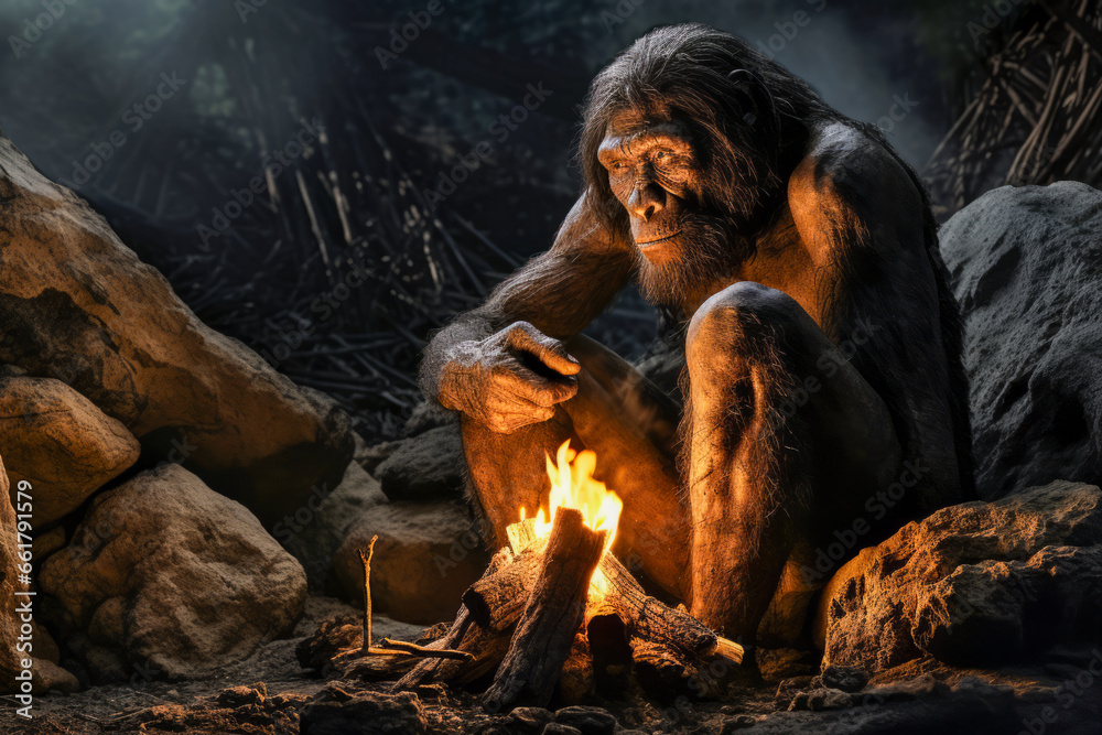 Homo Erectus cave man sitting near the fire in the cave. Artistic ...