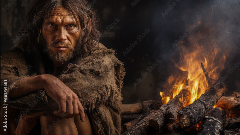Cro-Magnon man dressed in animal skins sits by a fire in a cave ...