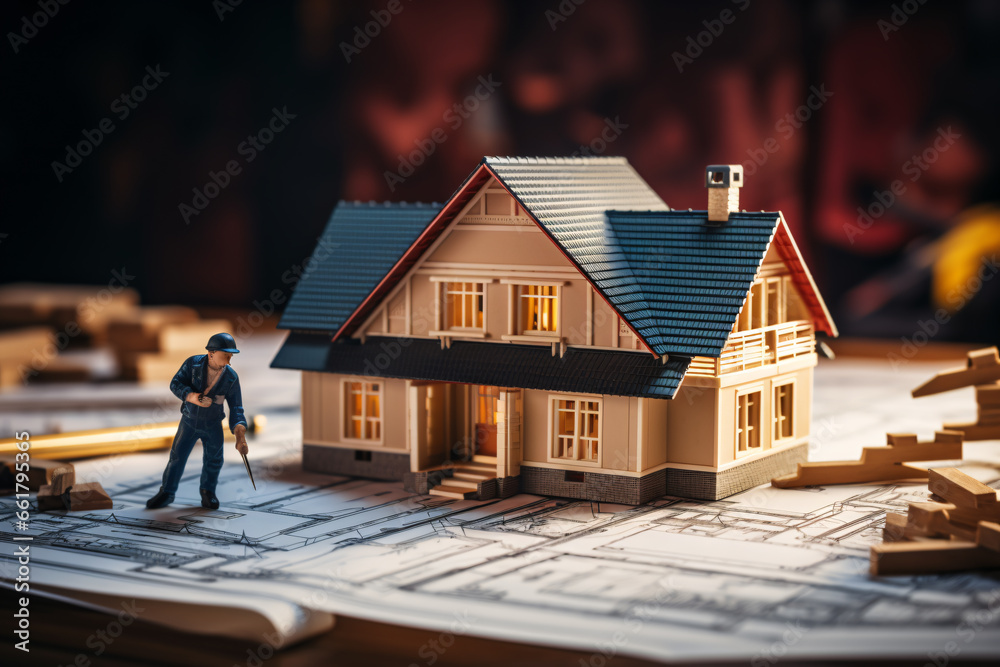 House building model on blueprints with engineer and worker ...