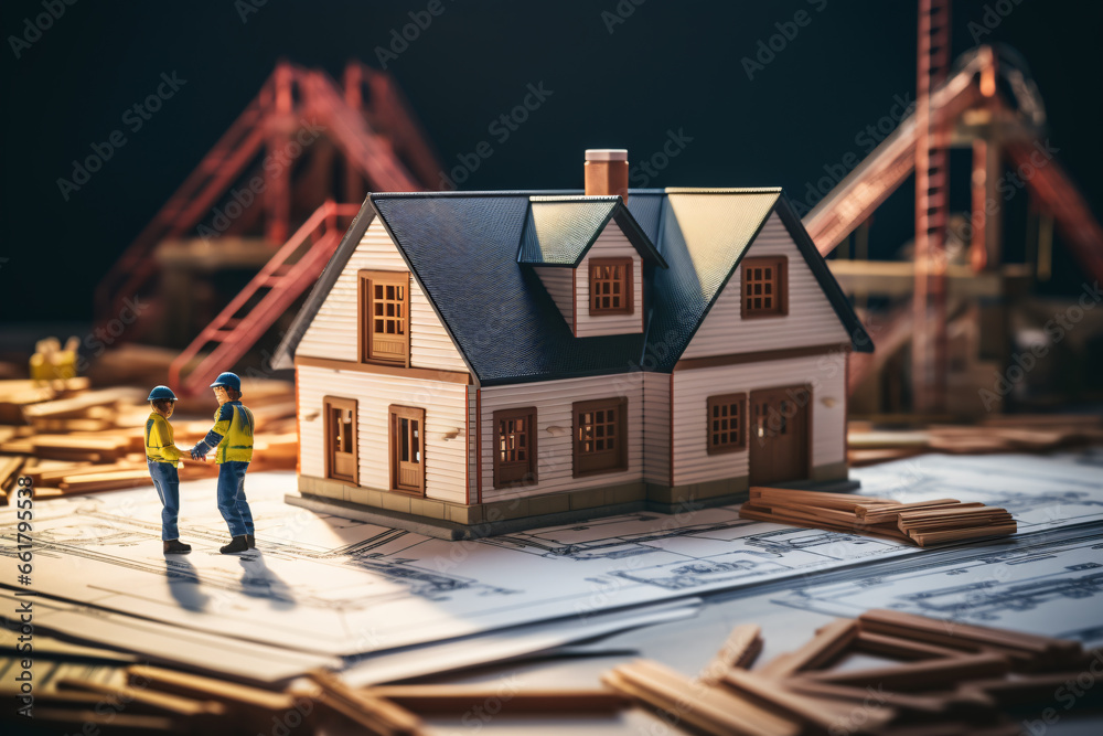 House building model on blueprints with engineer and worker ...