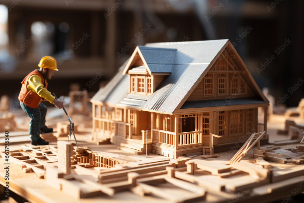 House building model on blueprints with engineer and worker ...