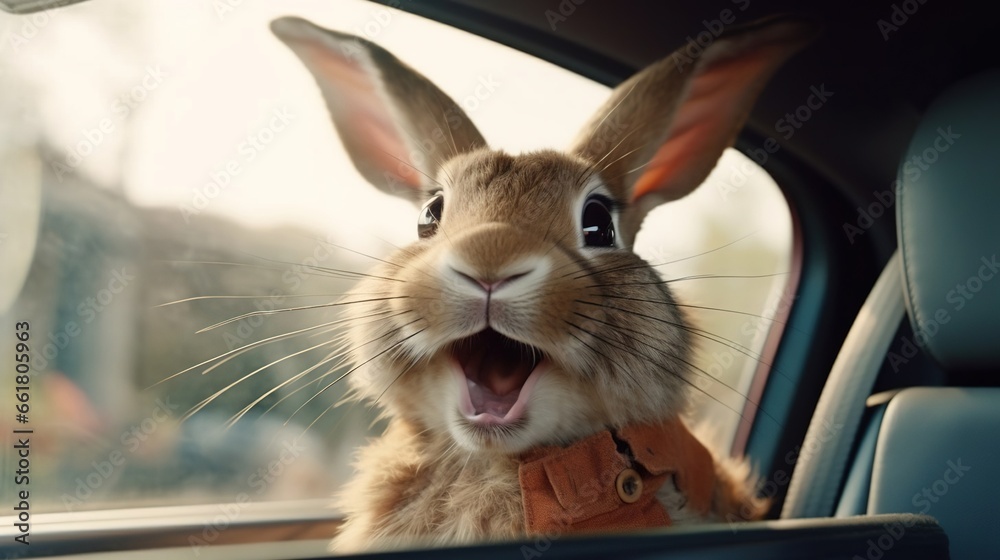 A rabbit with the emotion of fear look from the window of the car ...