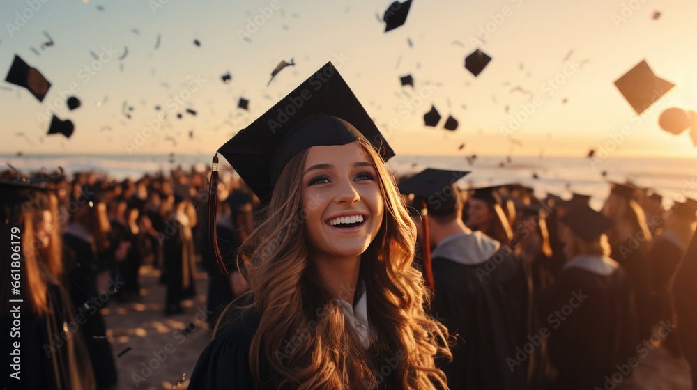 Joyful Graduates Toss Graduation Caps In Celebration Of Success People ...