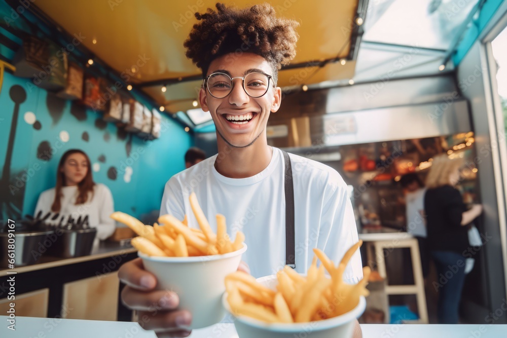 Young smiling boy with French fries. Restaurant fast food meal service ...