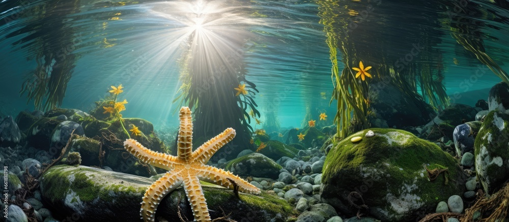 Starfish attach to the bottom of the sea in a giant kelp forest Diverse ...