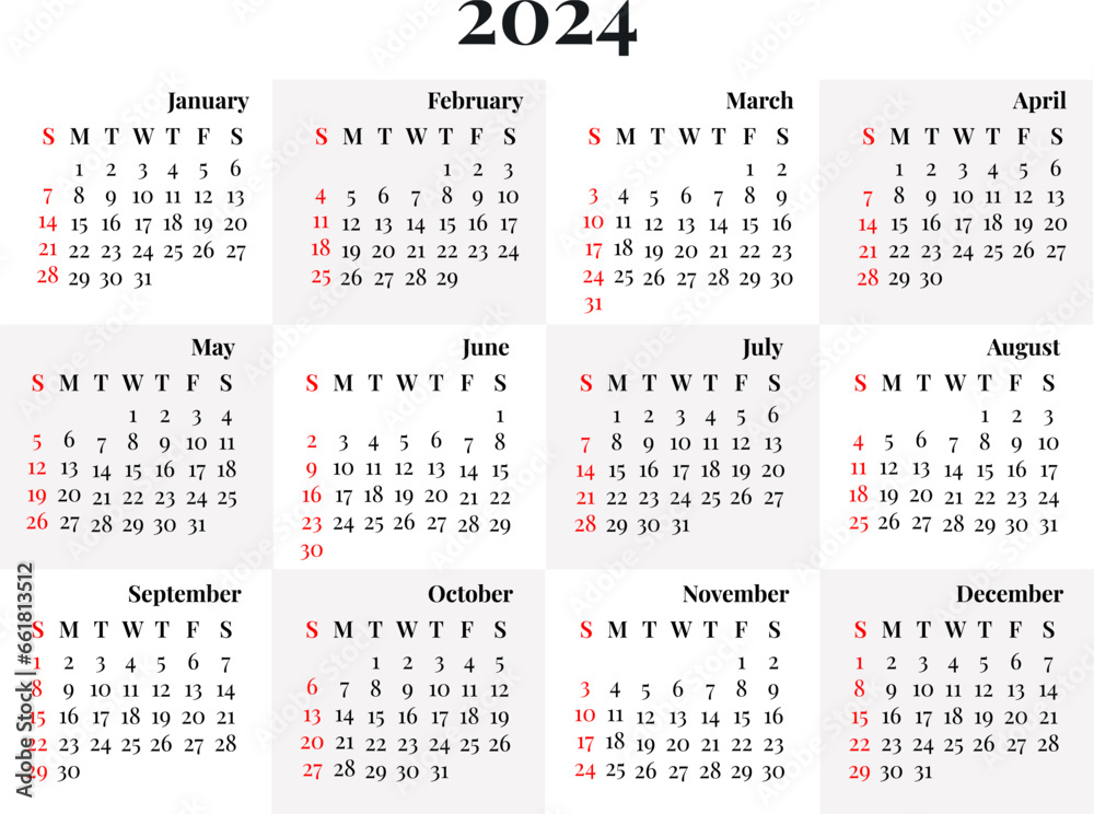 2024 calendar year vector illustration. week starts Sunday, Minimalist ...