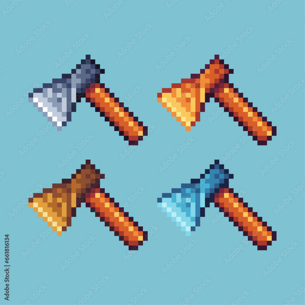 Pixel art sets of gold axe with variation color item asset. Simple bits ...