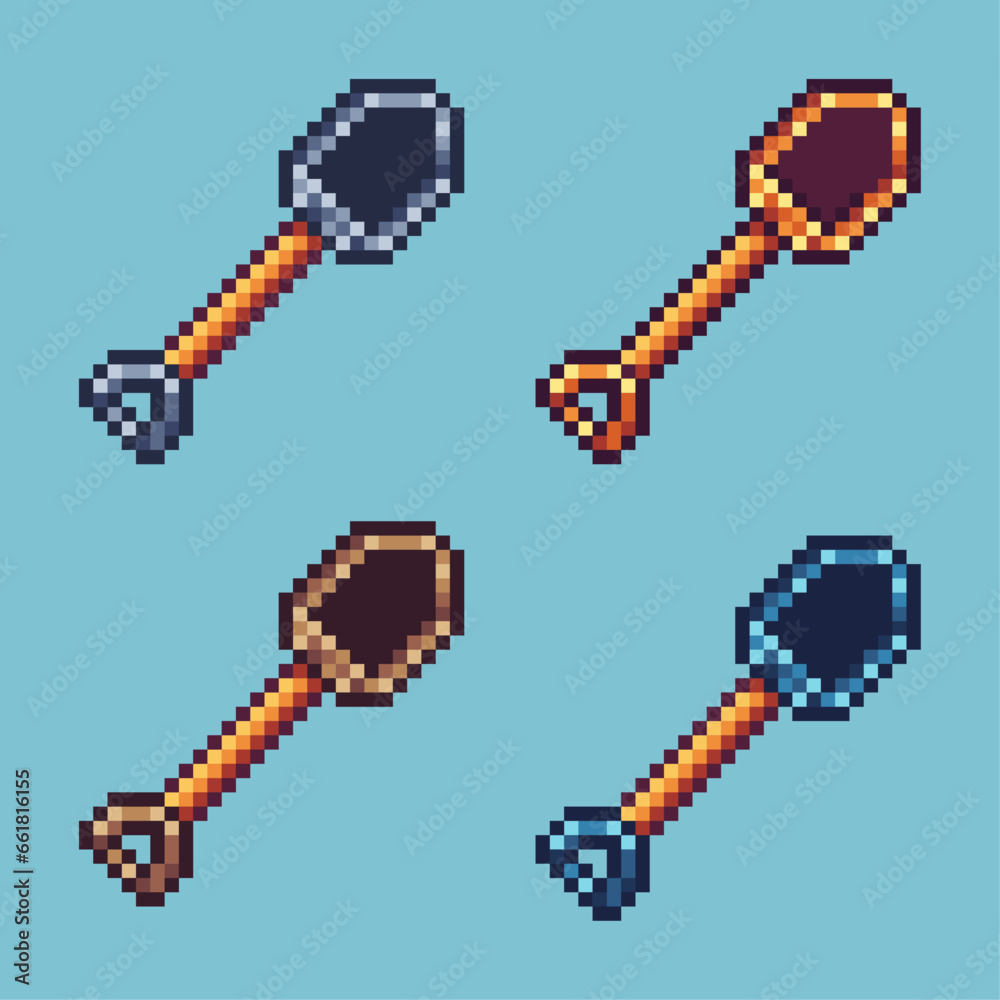 Pixel art sets of shovel tools with variation color item asset. Simple ...