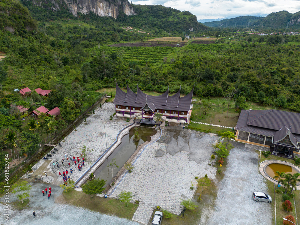 Aerial view of Rumah Gadang at Harau Valley, the traditional homes of ...