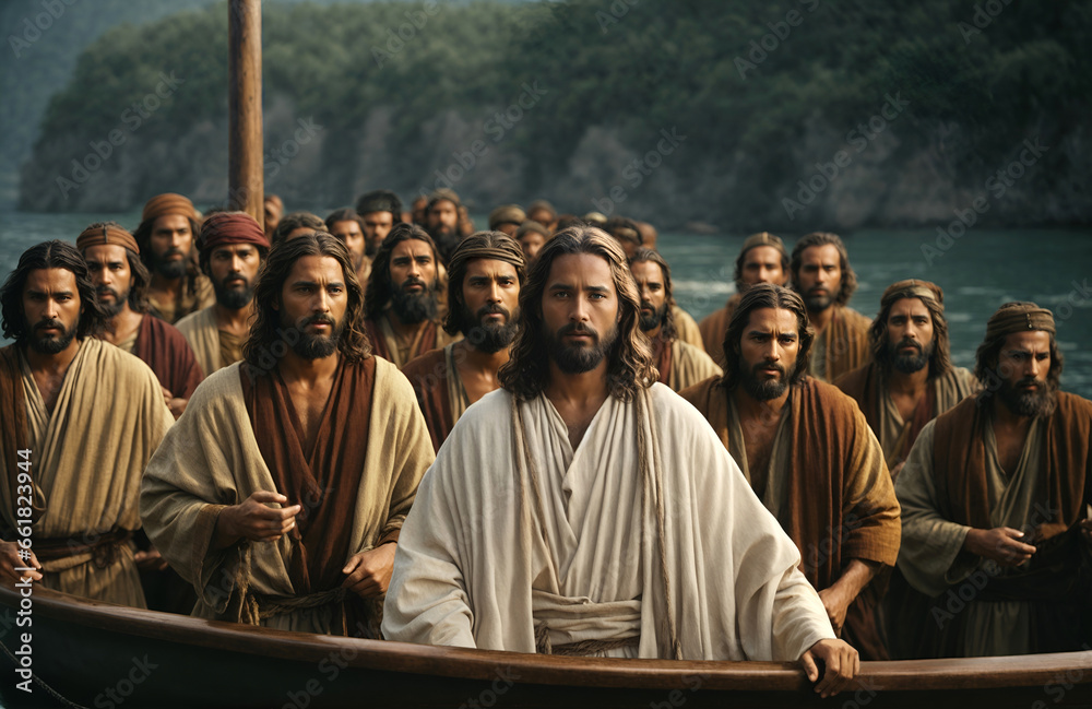 Jesus in a boat together with his disciples and followers Stock Photo ...