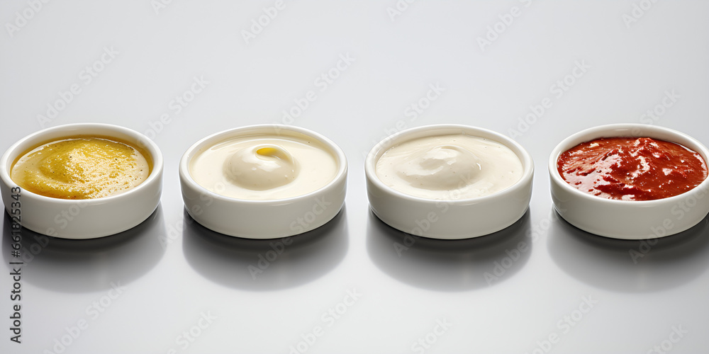 Mustard Ketchup and Mayonnaise ,several types of sauce on a white ...