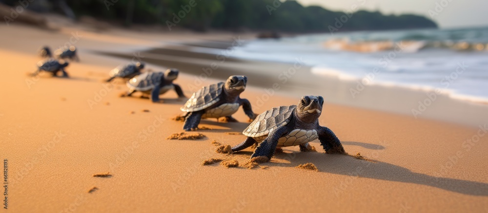Newborn hawksbill sea turtle group heading towards the sea at Bahia ...