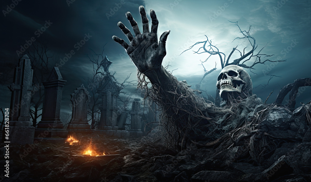 esqueleto de cadaver saliendo de una tumba en cementerio tenebroso durante la noche, concepto ...