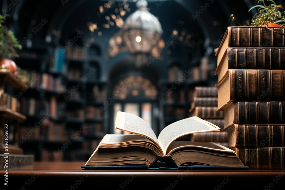 Exploring knowledge in a library with textbooks, bookshelves, and ...