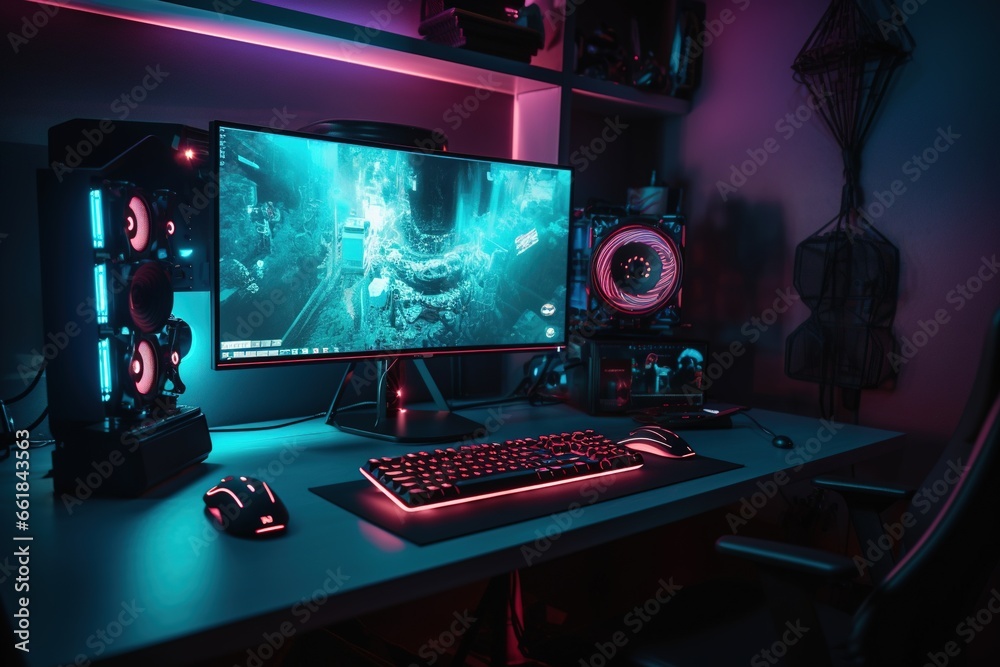 Computer gaming PC on a video game table in a dark room with neon light ...