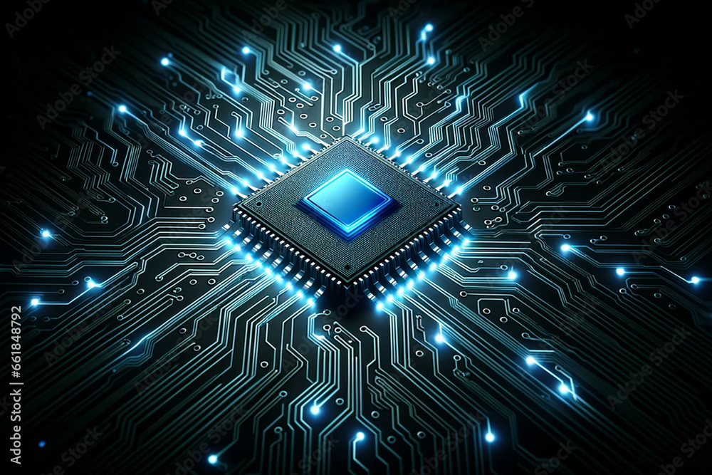 Illustration of a next-gen circuit board with glowing blue circuits ...