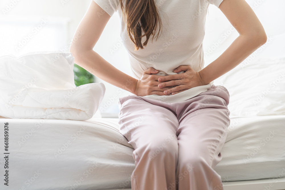 Flatulence ulcer, asian young woman, girl hands in belly, stomach pain ...