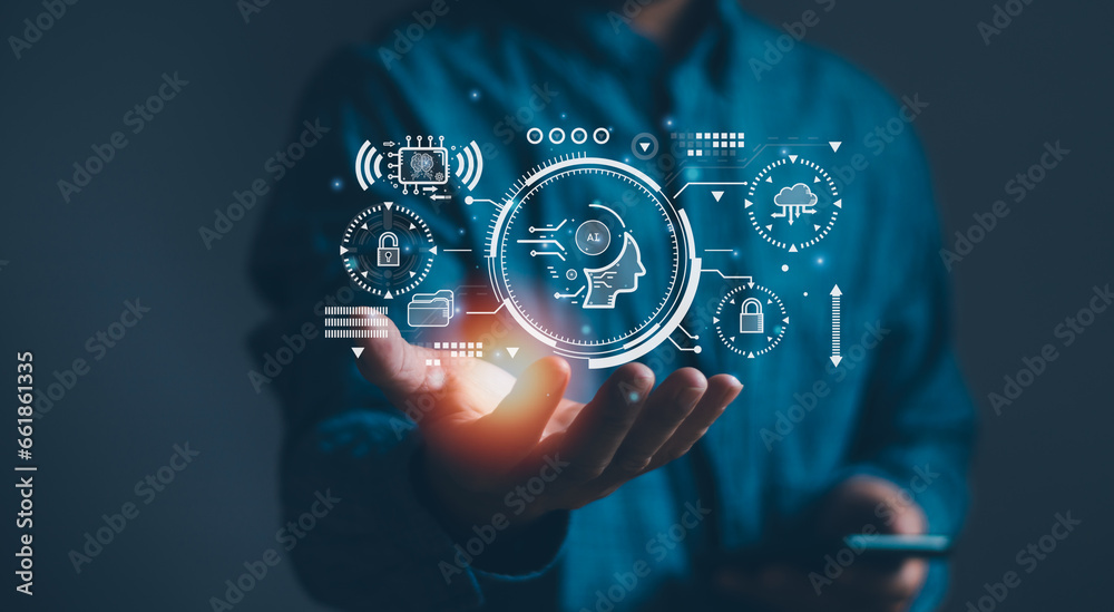 Businessman shows smart robot virtual screen interface on hand, Concept ...