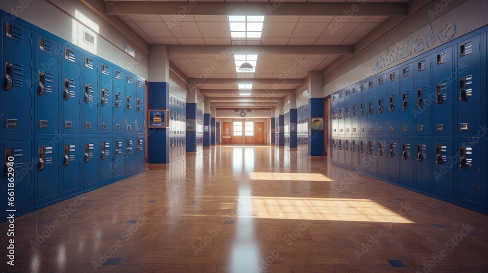 Empty school hallway with royal blue metal lockers along both sides of ...