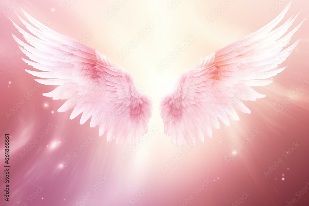 Radiant angel wings on a pink bokeh background, with ample white space ...