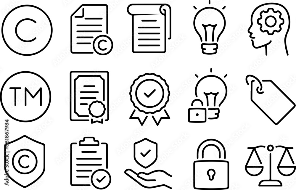 Pixel perfect icon set about patent, trademark, copyright, trade secret ...