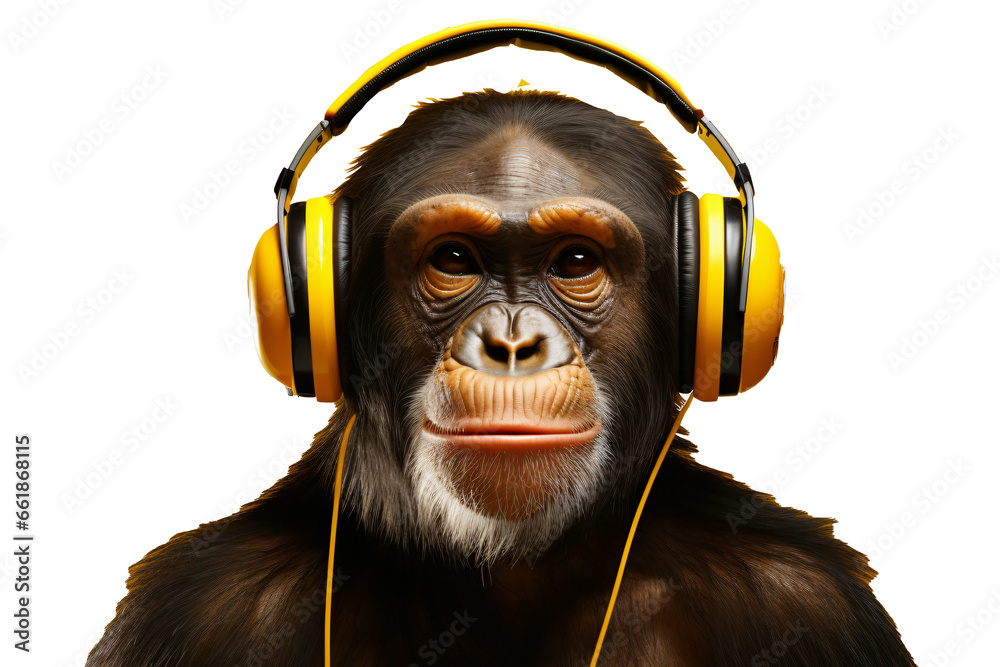 monkey listening to music from earphones, transparent background Stock ...