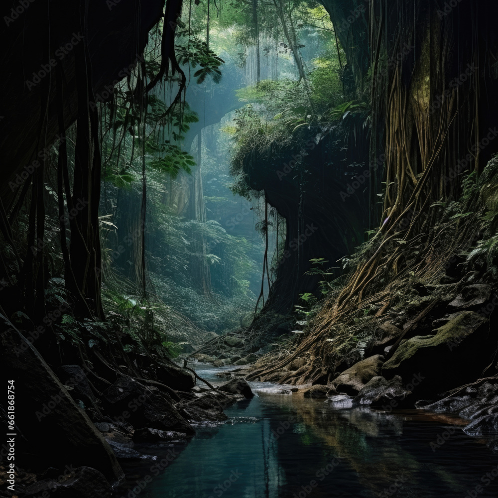 River flowing calmly inside a cave with an opening through which light ...