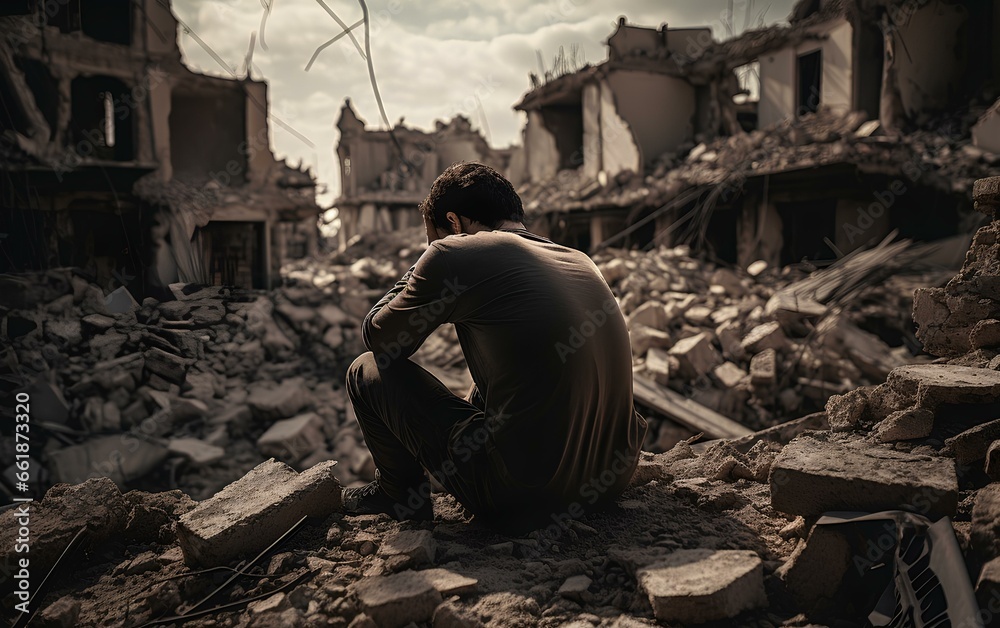 A drooping crying man sitting on his knees on the ruins of a building ...