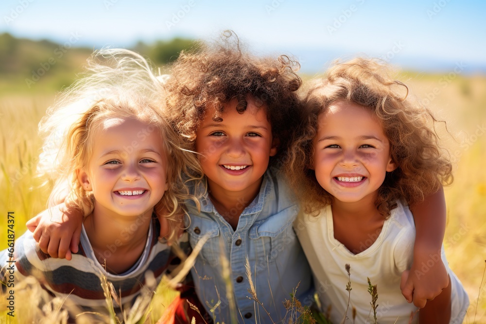 Freundschaft in der Kindheit. Kinder als Freunde draußen auf der Wiese ...