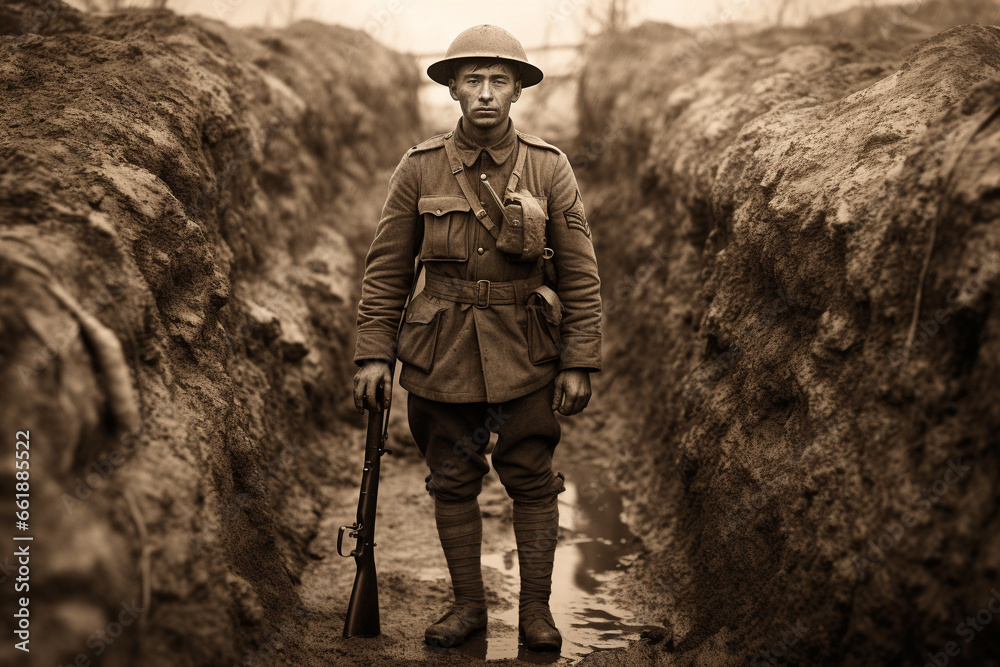 World war one British soldier standing in a trench looking towards the camera. Stock Photo ...