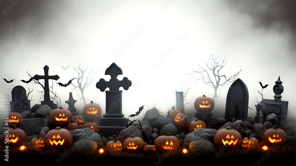 Step into a creepy graveyard adorned with tombstones and a haunting ...