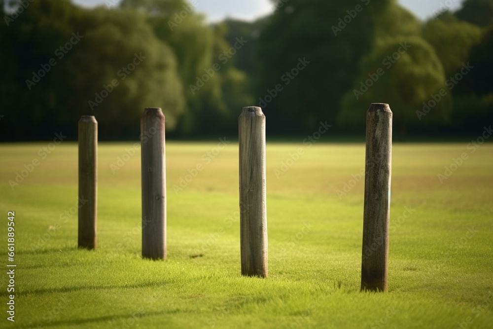 Three slender wooden posts in a cricket field. Generative AI Stock ...