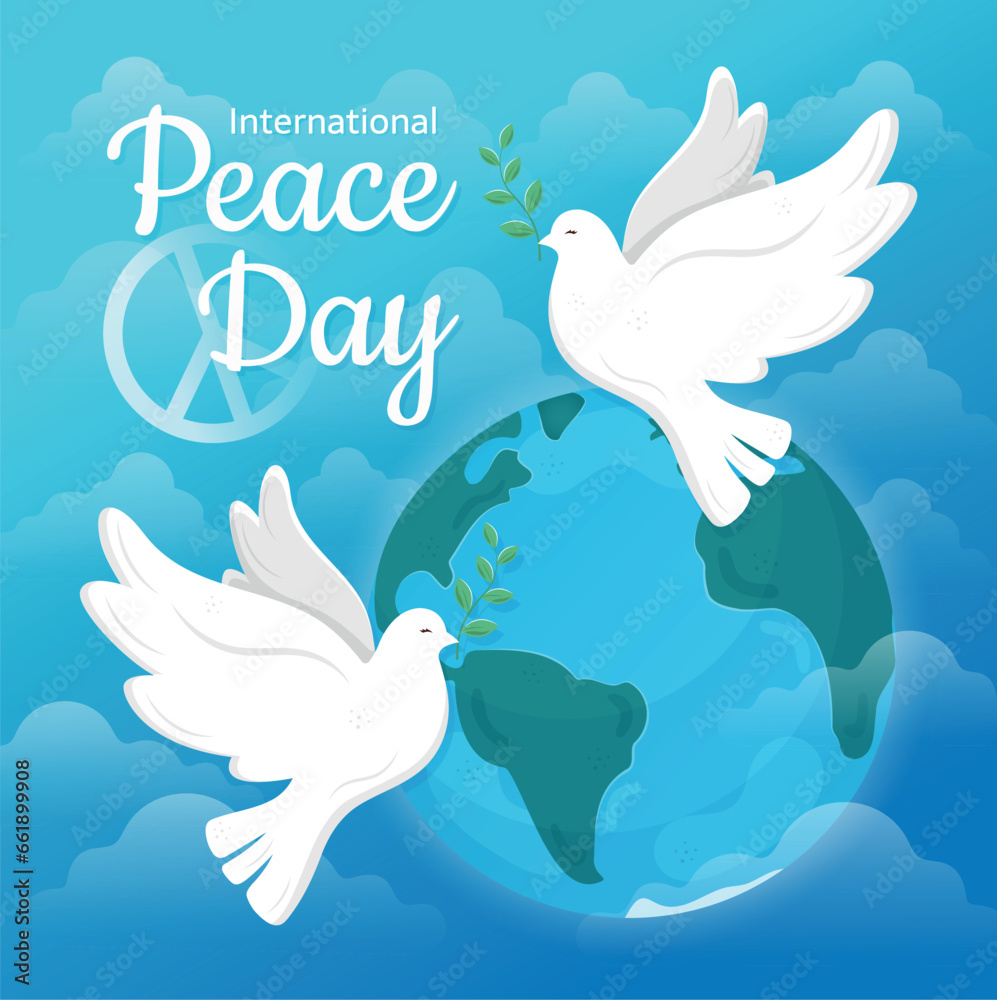 Peace Doves in flight Planet Earth Clouds Blue sky background. Peace ...