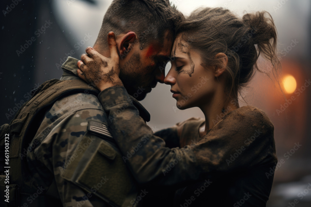 Army soldier hugs his wife. Military family reunion. Love and romantic ...