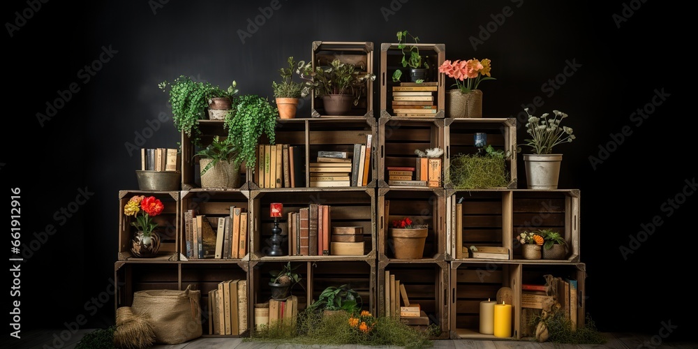 Old wooden crates stacked together and used as an innovative display ...