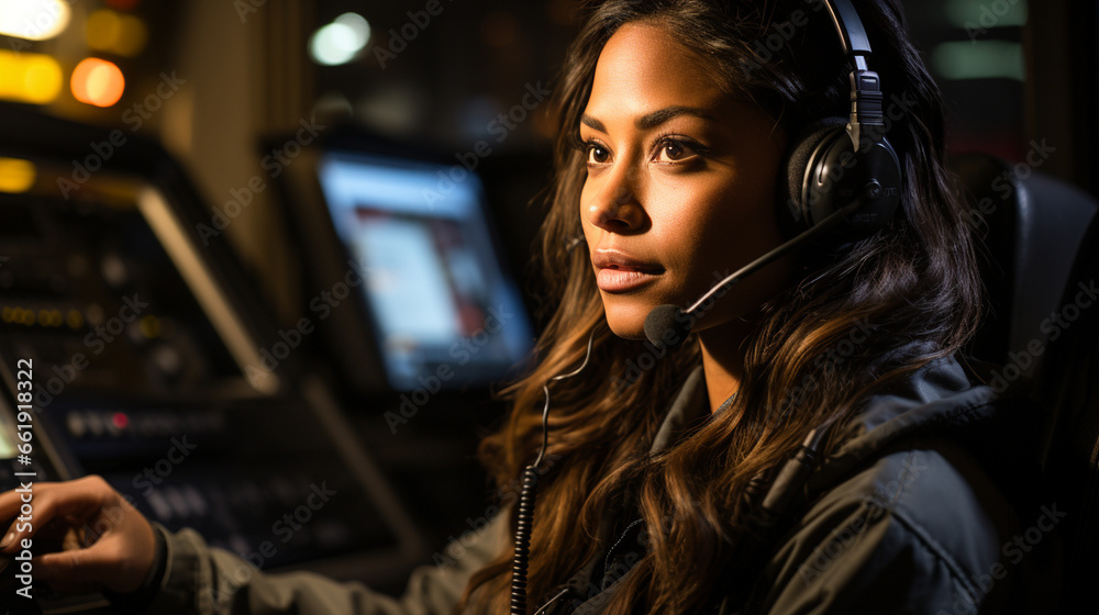 911 Dispatcher at Work: A close-up of a 911 operator with headphones, taking a call and ...