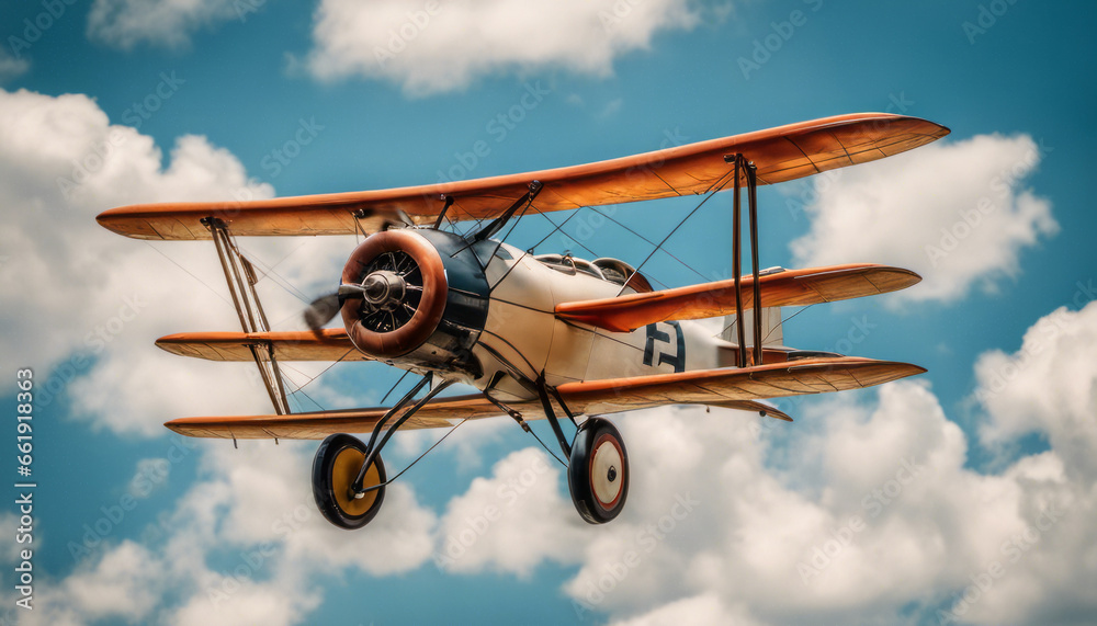 A vintage biplane soaring through a clear, blue sky with fluffy white ...