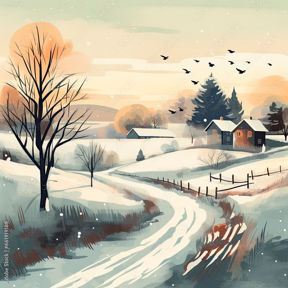 AI art. Painting of a season in countryside. Rural landscape, village ...