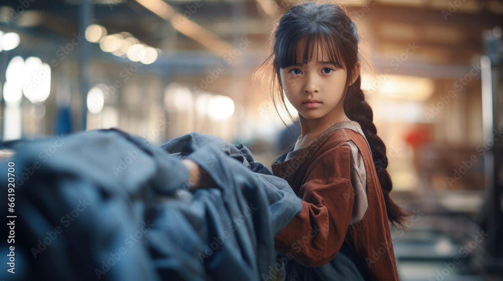 Small Asian girl in factory with blurred background, depicting illegal ...