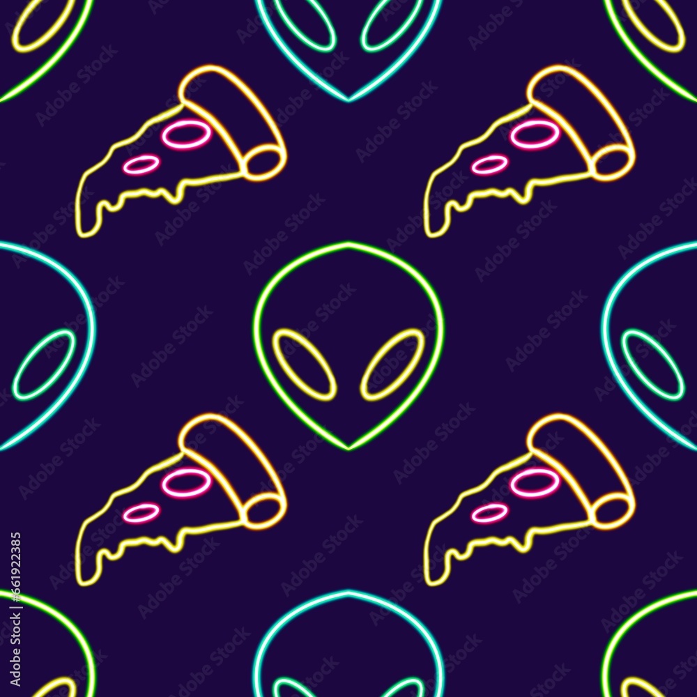seamless pattern alien and pizza glowing desktop icon, neon alien and ...