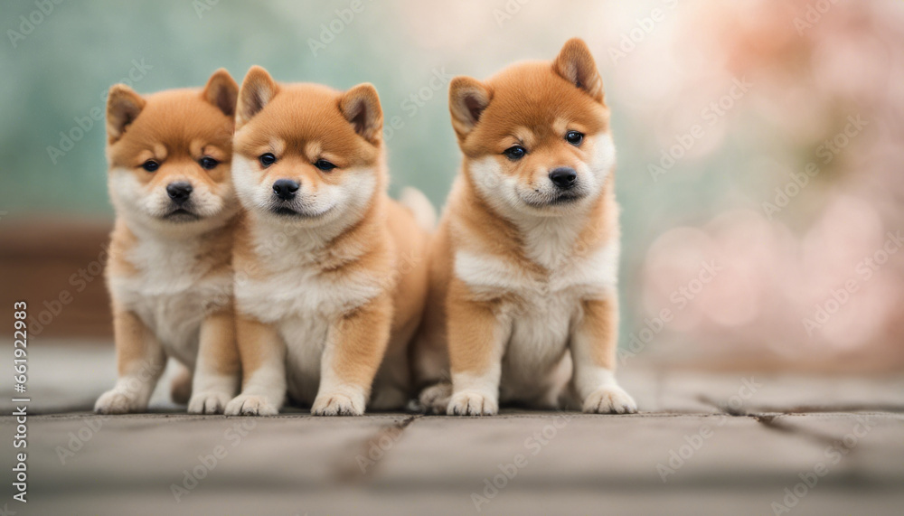 cute shiba inu puppies on the left side on a pastel background with ...