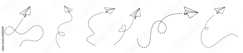 paper plane with dotted line trail trace icon, Vector paper airplane ...