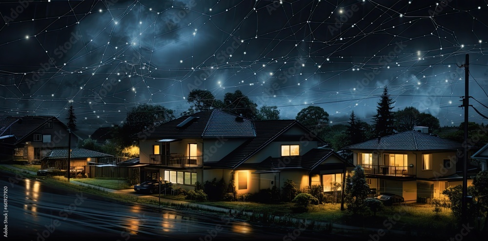 Connected houses. Digital community and smart homes. Houses at night ...