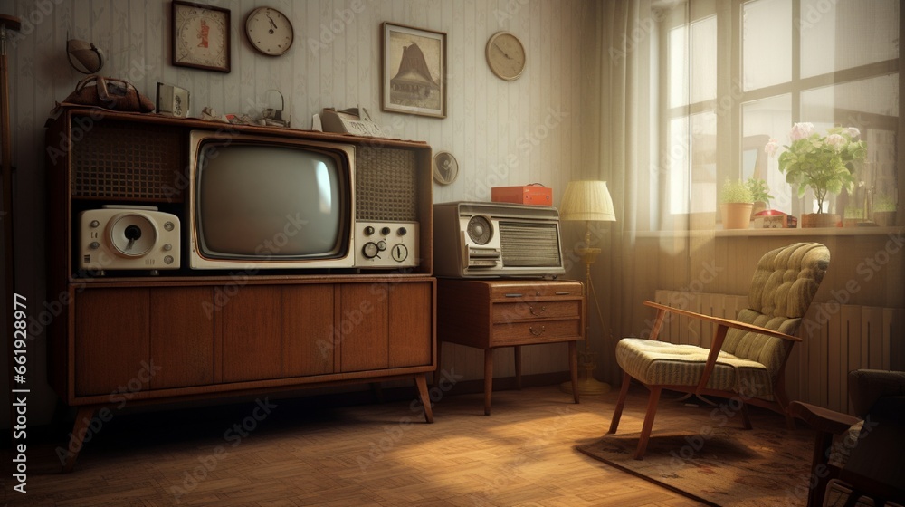 Retro living room design with old television, cabinet and radio along ...